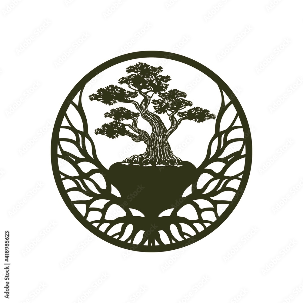 Japanese bonsai tree logo, plant silhouette icons on white background ...