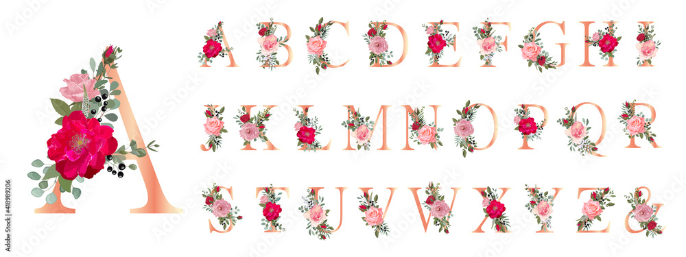 Floral Alphabet. Set letters with botanical bouquet. Wedding ...
