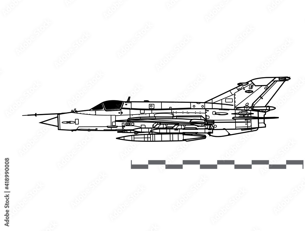 Mikoyan MiG-21 Bison. Vector drawing of supersonic jet fighter. Side ...