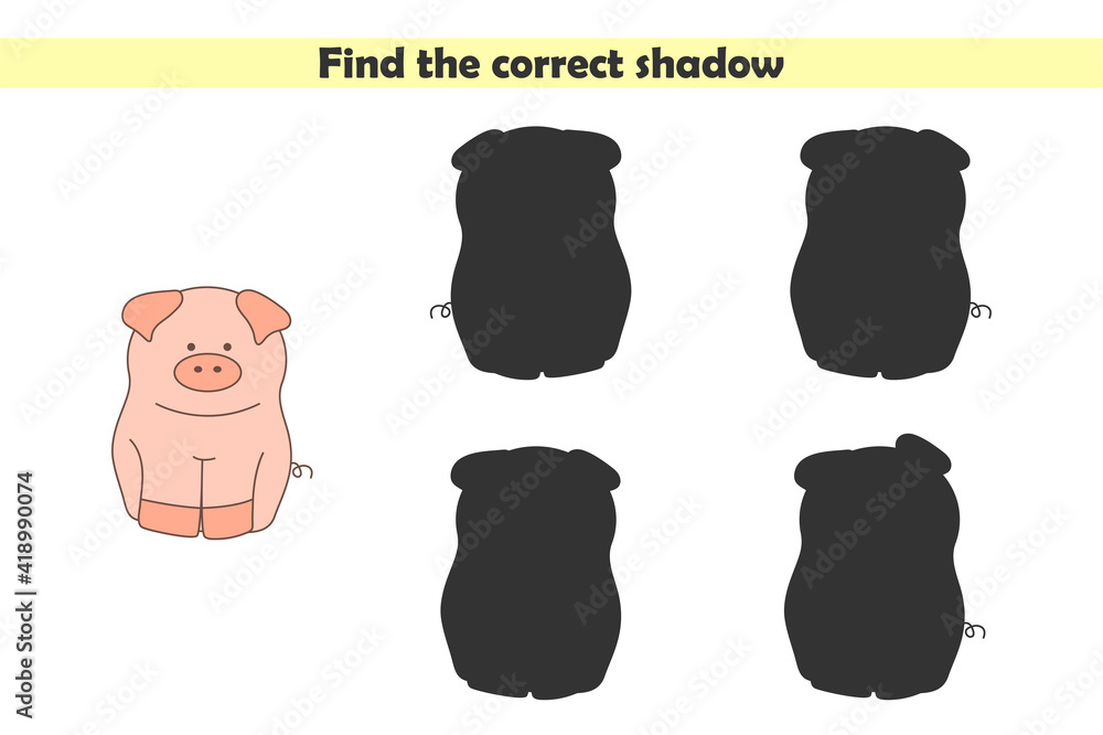 Find correct shadows of cute pig. Educational logical game for kids ...