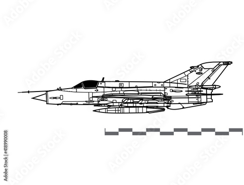 Mikoyan MiG-21 Bison. Vector drawing of supersonic jet fighter. Side ...