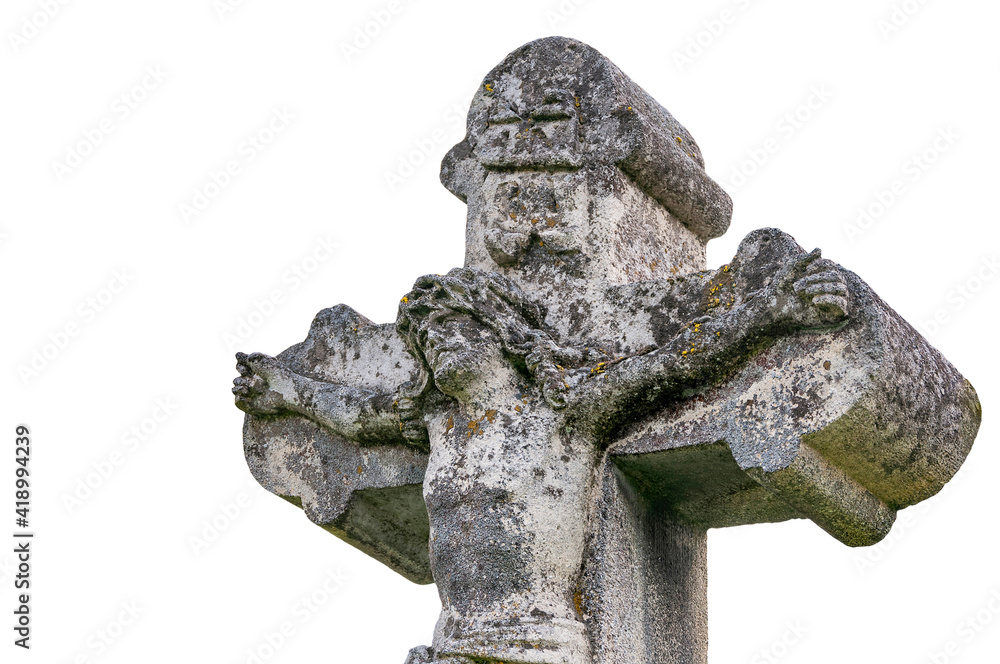 Ancient stone sculpture of Jesus Christ, crucified on a cross. White background Stock Photo ...