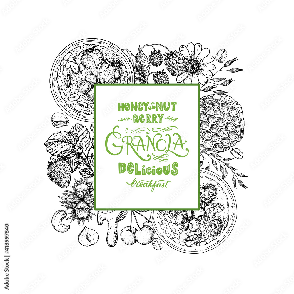 Granola sketch illustration. Breakfast label. Oat flakes , berries ...