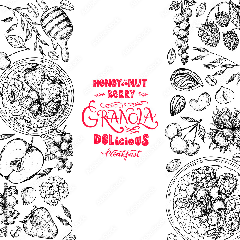 Granola sketch illustration. Oat flakes , berries, fruits and nuts ...