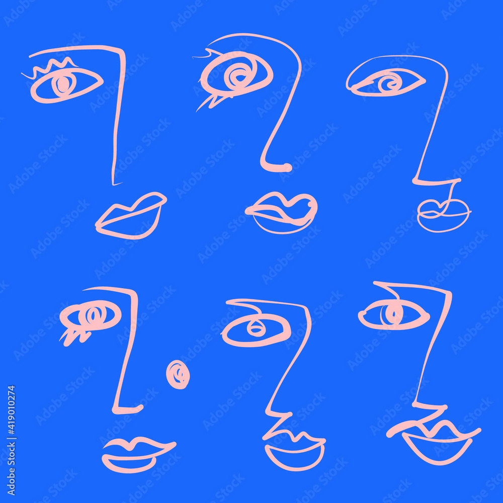 Set of continuous one line drawn faces. Abstract minimal woman portrait ...