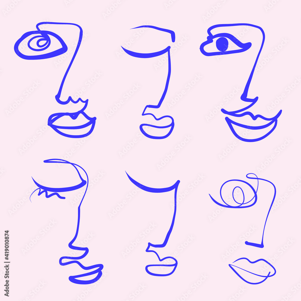 Set of continuous one line drawn faces. Abstract minimal woman portrait ...