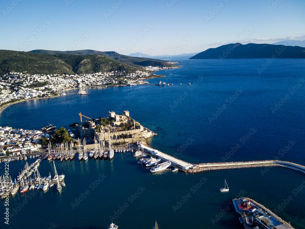 Amazing panoramic view from drone of Bodrum harbour and ancient Kalesi ...