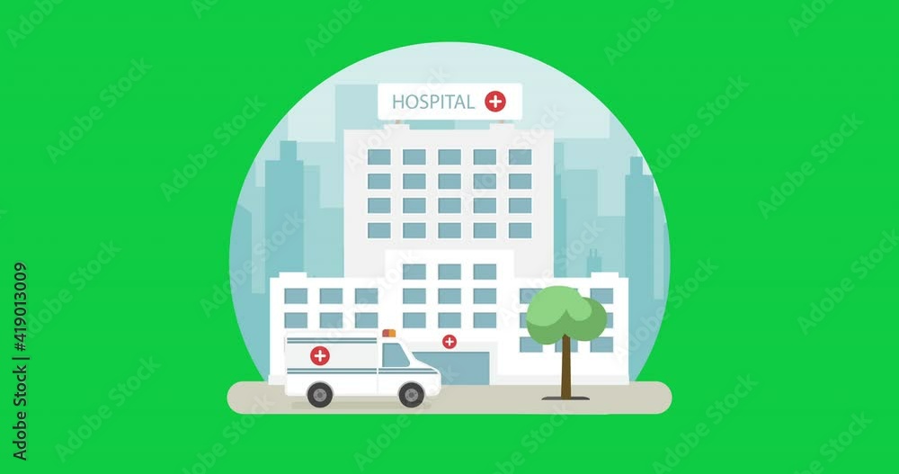 Hospital building animation with a city background on a chroma key ...