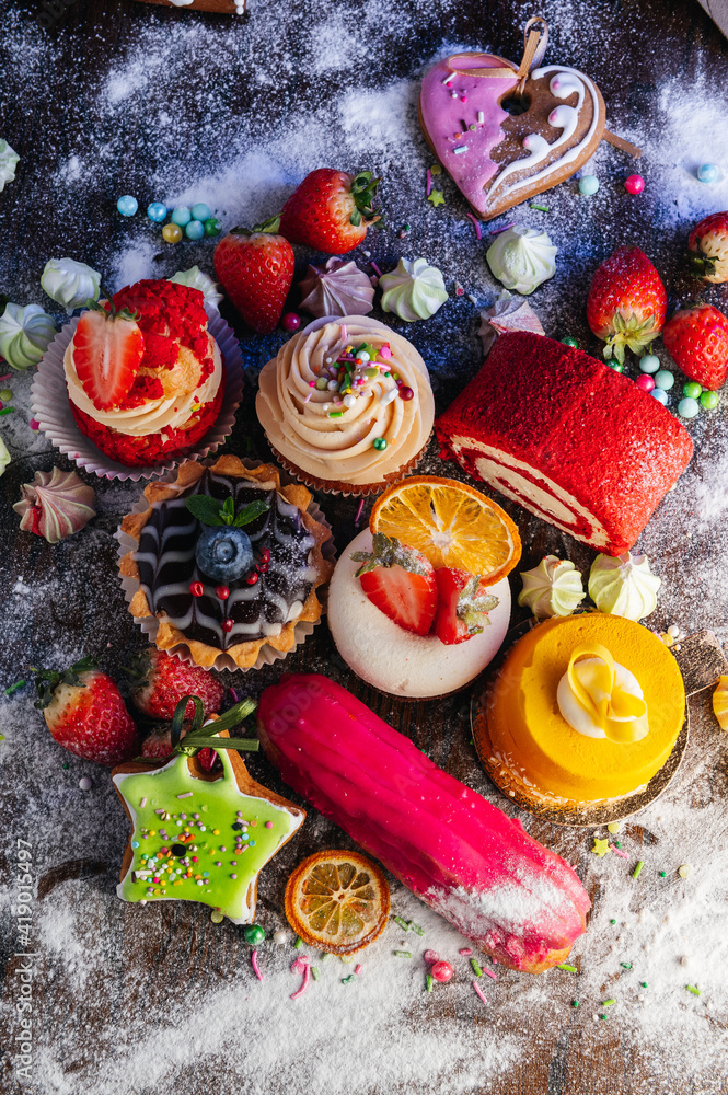 Variety of delicious confectionery products. A mix of chocolate mousse ...