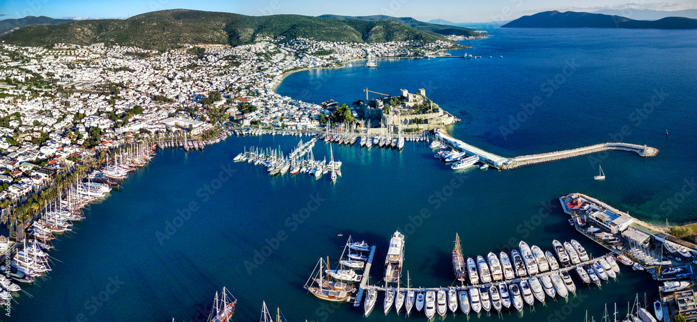 Amazing panoramic view from drone of Bodrum harbour and ancient Kalesi ...