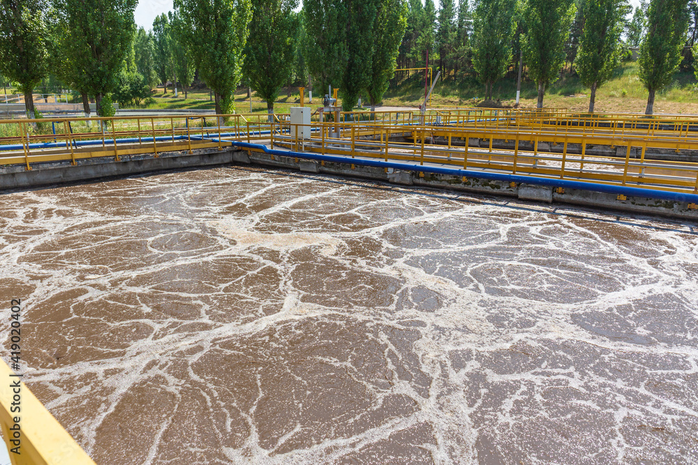 Wastewater treatment plant, aerated activated sludge tank. Stock Photo ...