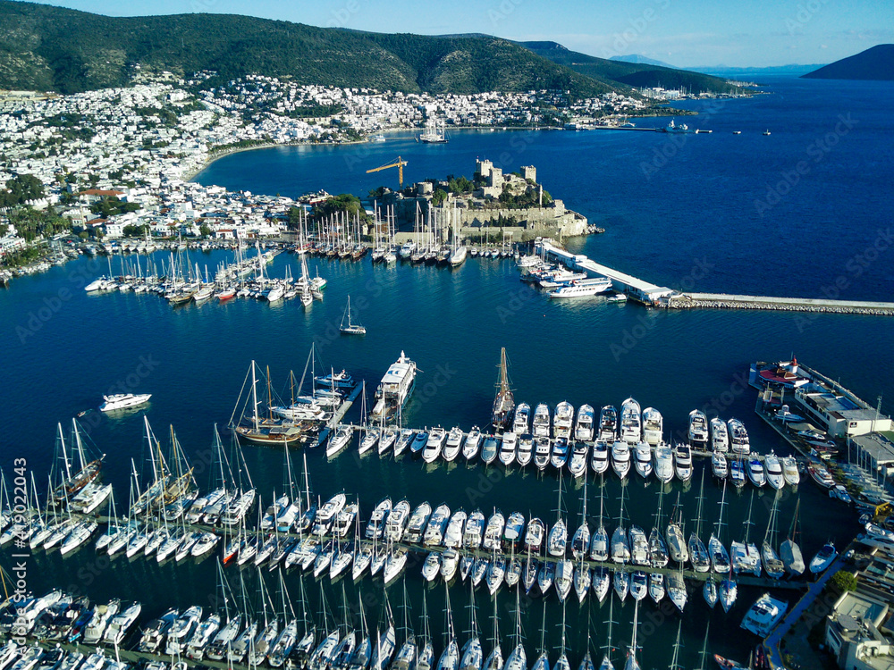 Amazing panoramic view from drone of Bodrum harbour and ancient Kalesi ...