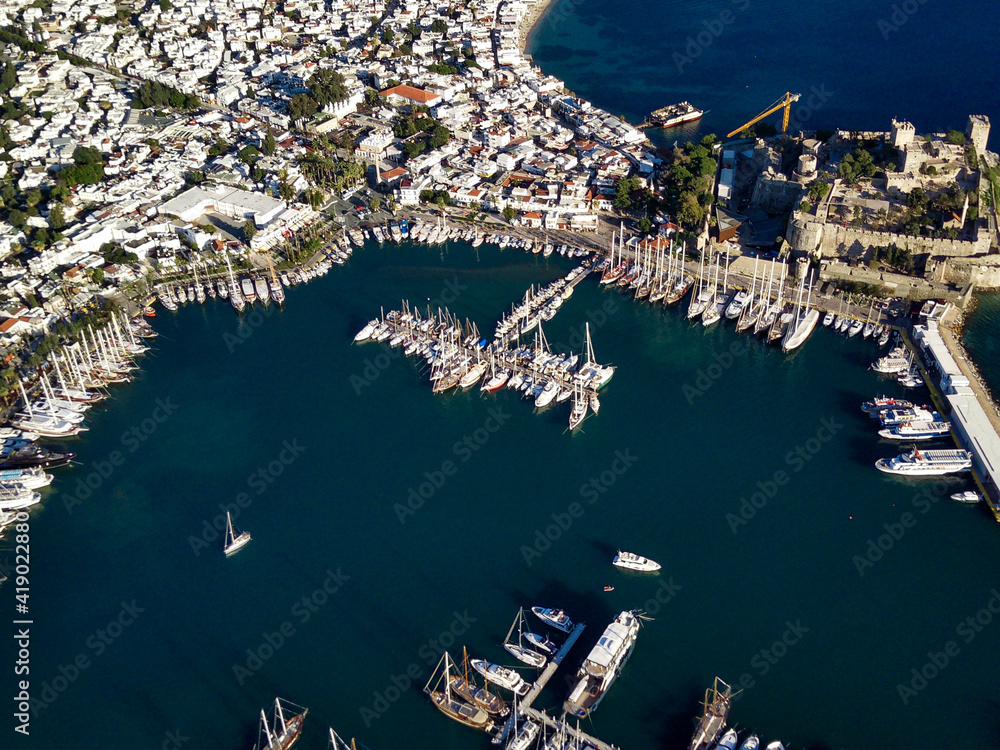 Amazing panoramic view from drone of Bodrum harbour and ancient Kalesi ...