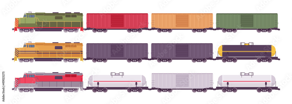 Rail Freight train, cargo or goods industrial set. Powerful bright ...