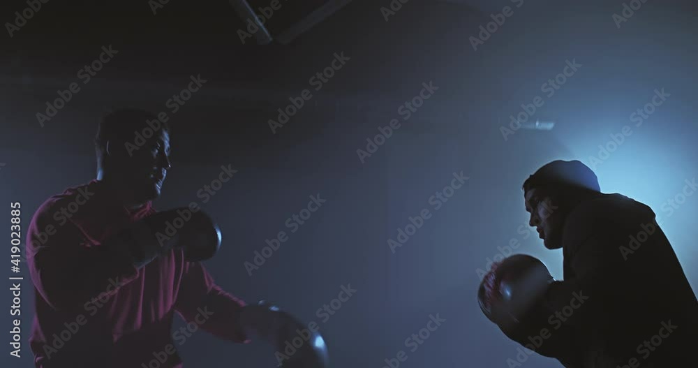 Silhouettes, athletes boxers train in boxing gloves in the ring, smoke ...