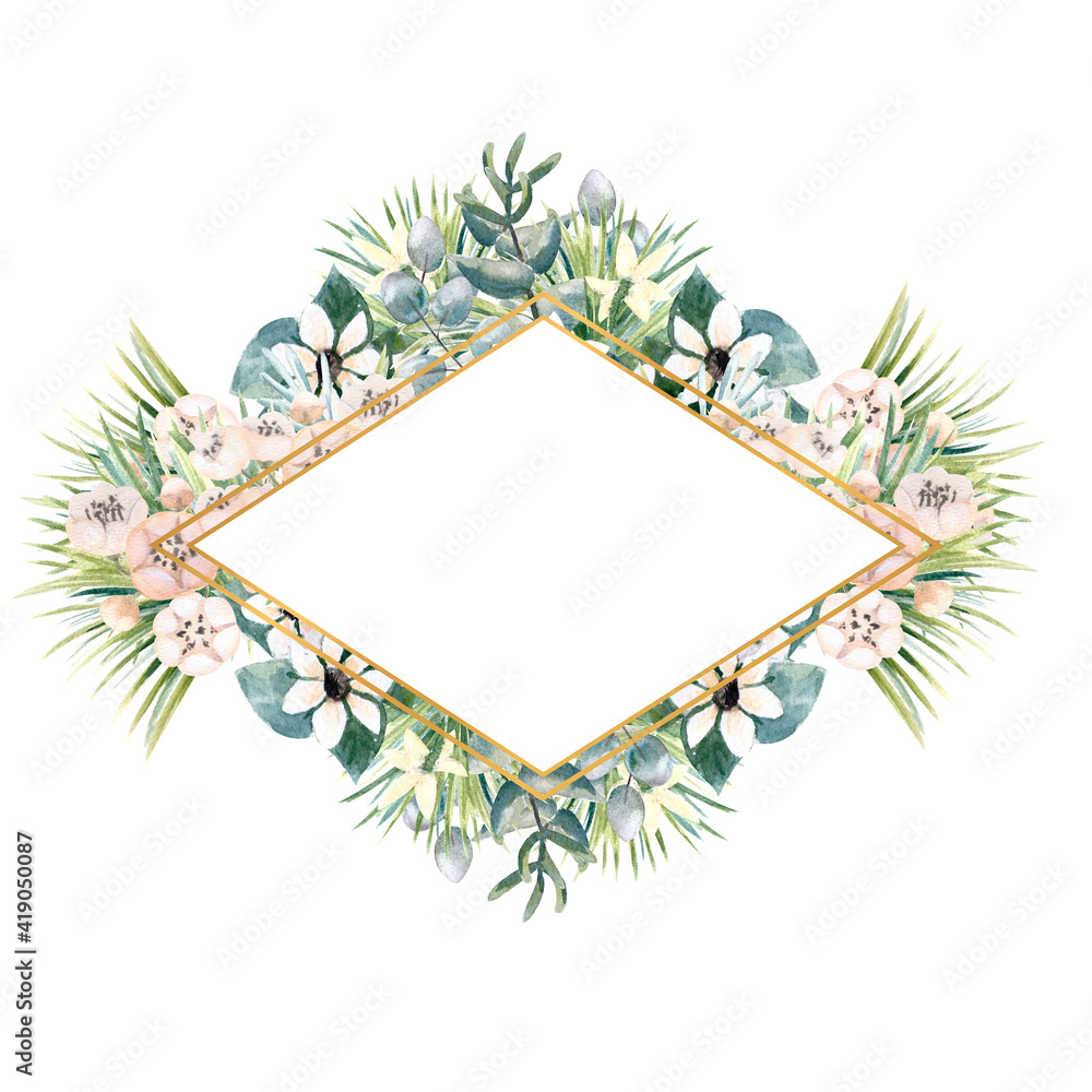 Diamond-shaped gold frame with small flowers of actinidia, bouvardia ...