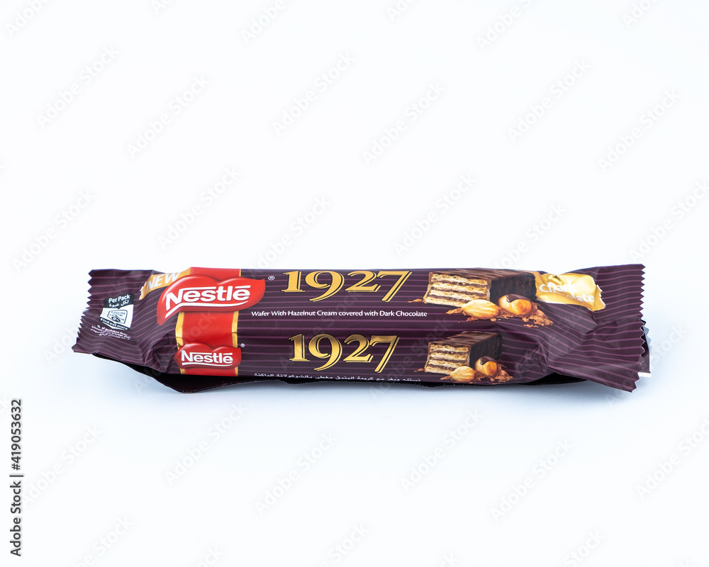DOHA, QATAR - MARCH 8, 2021: Nestle 1927 Hazelnut Dark Chocolate Coated ...