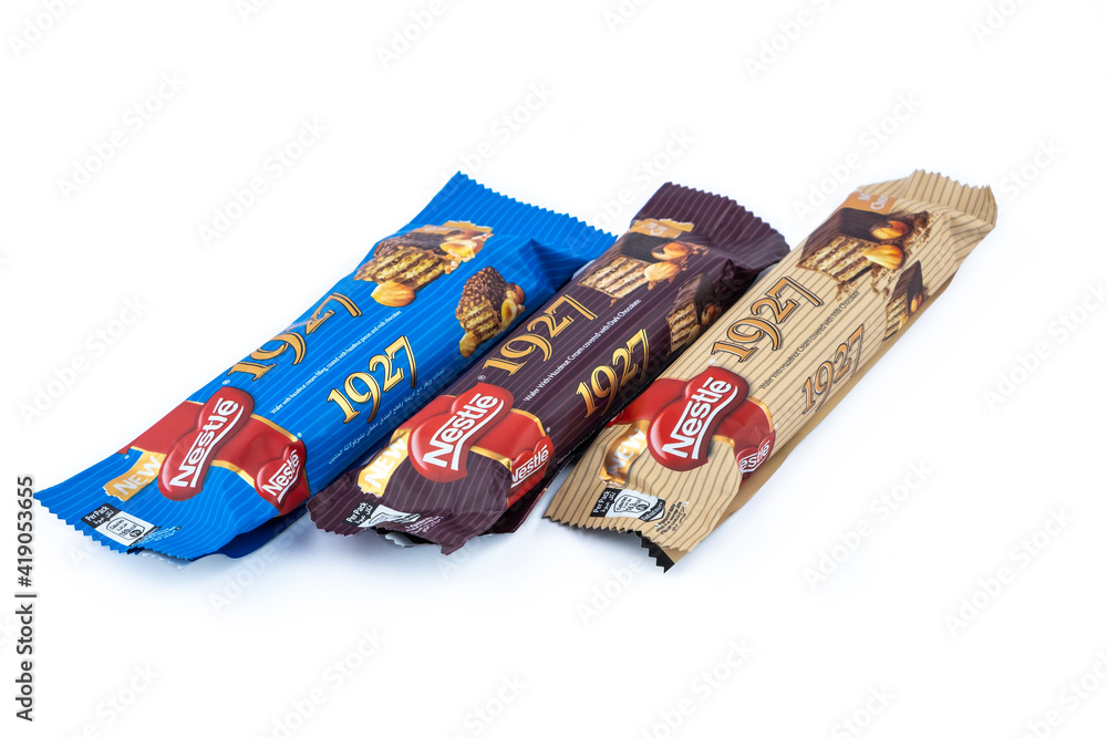 DOHA, QATAR - MARCH 8, 2021: Nestle 1927 Milk Chocolate Wafer Coated ...