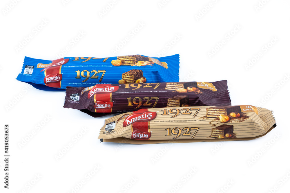 DOHA, QATAR - MARCH 8, 2021: Nestle 1927 Milk Chocolate Wafer Coated ...