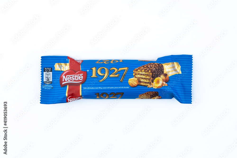 DOHA, QATAR - MARCH 8, 2021: Nestle 1927 Milk Chocolate Wafer Coated ...