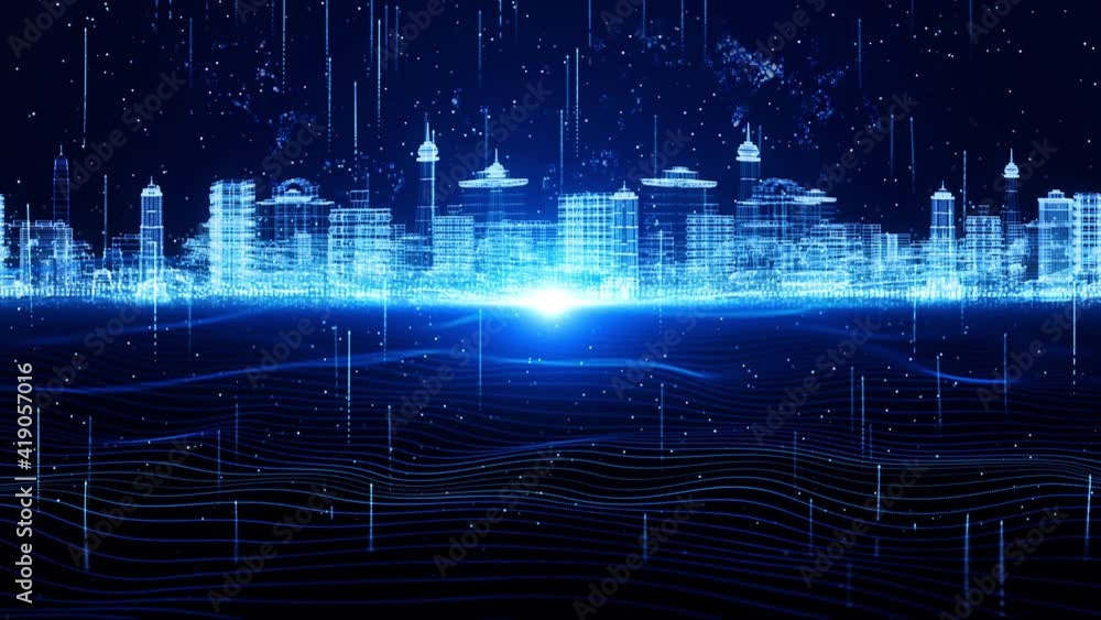 3D Digital Virtual reality City wireframe in bright blue and white ...