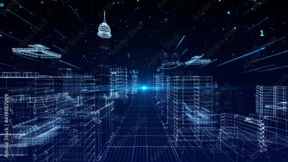 Vidéo Stock 3D 4K Network city digital cyber City technology Loop background. Network for ...