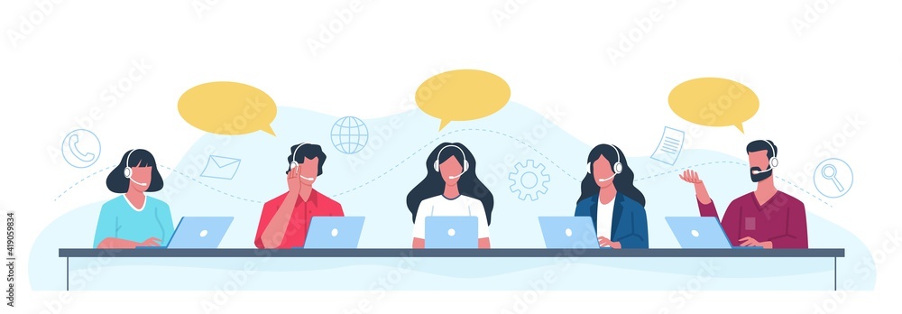Customer support operators. Call center employees help clients ...
