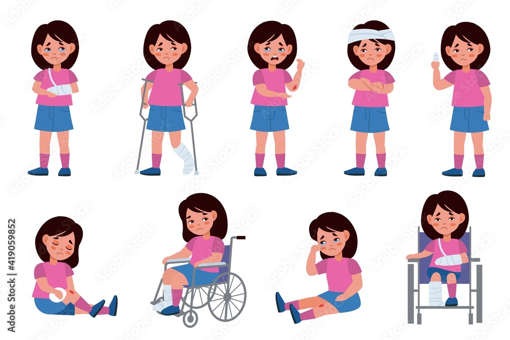 Girl with injury. Child character with wounds, traumatized kid ...