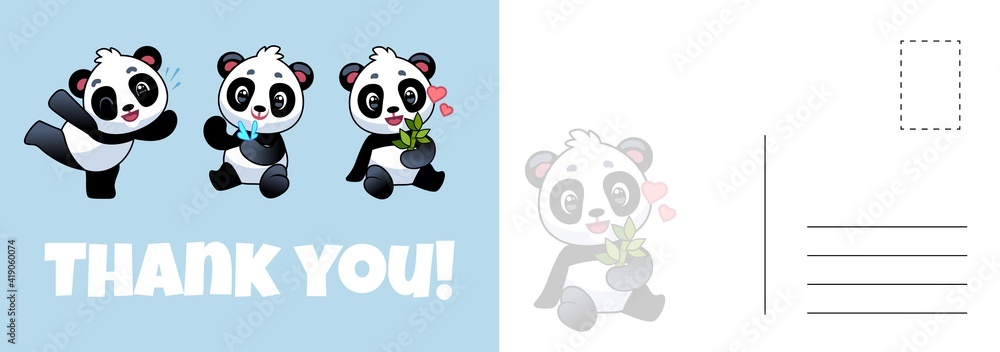 Thank you panda postcard. Cute asian adorable bears, grateful letter ...