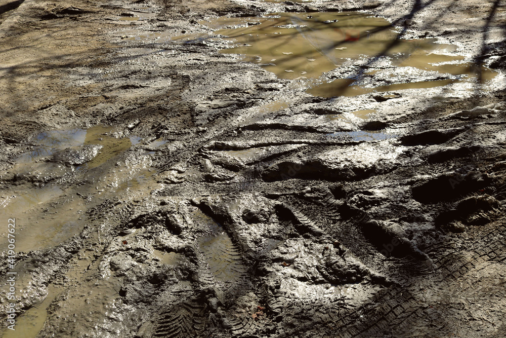 muddy water puddle on the street with uneven mud texture with wheel ...