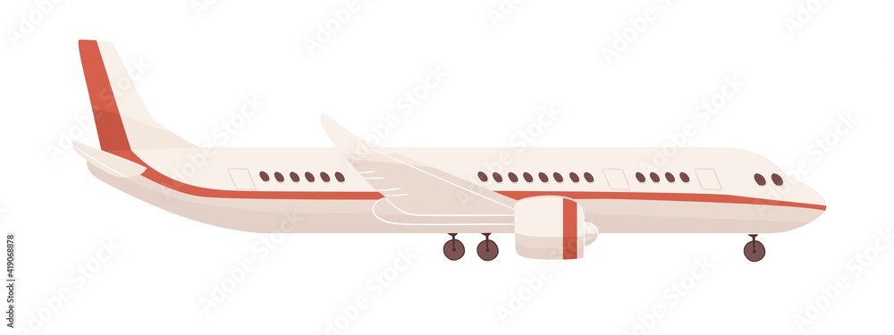 Side view of passenger airplane or aircraft with undercarriage. Profile ...