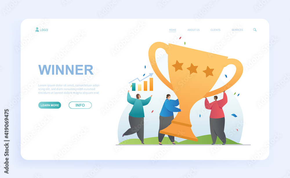 Male and female winners characters are lifting up golden trophy. Group of people celebrating win ...