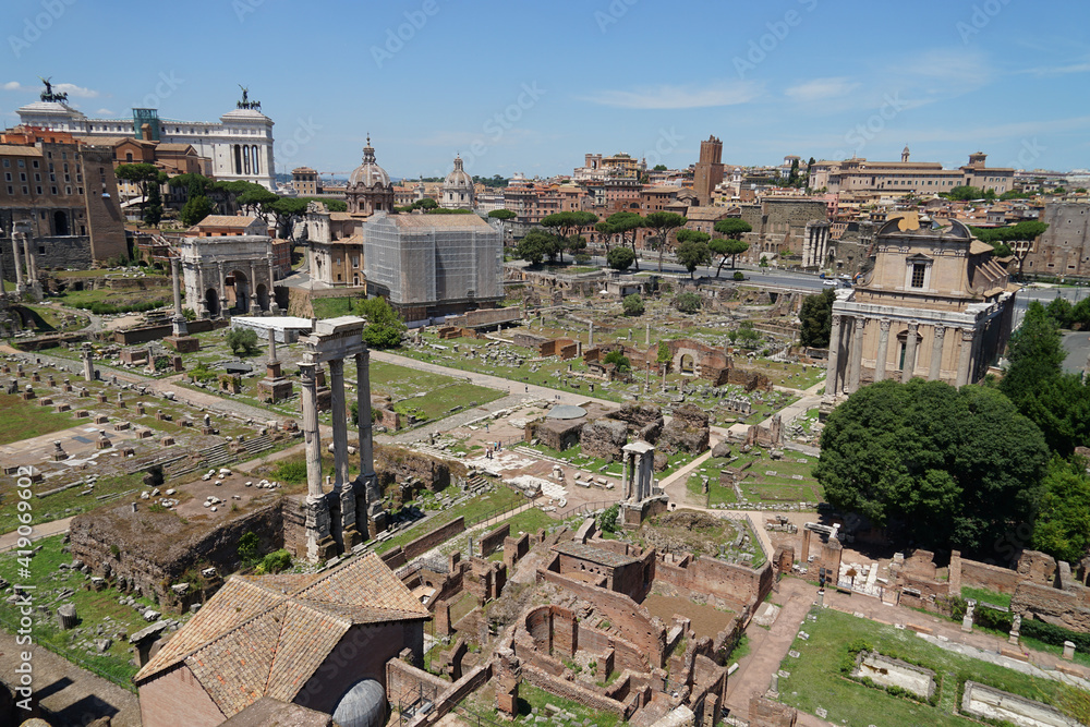 Poster Ancient Roman Forum aerial panoramic view, heart of Roman Empire ...