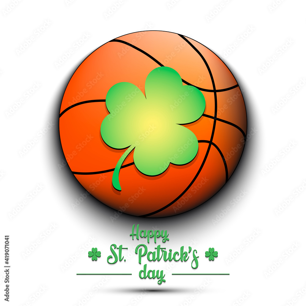 Happy St. Patricks day. Basketball ball and clover on an isolated ...
