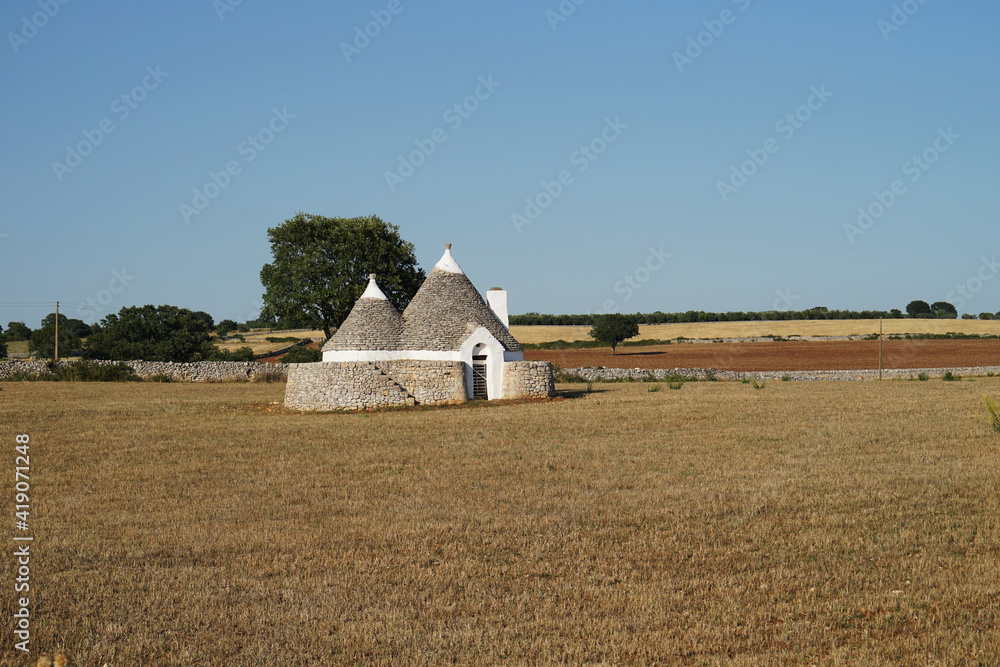 Trulli (trullo) whitewashed stone hut with conical roofs on countryside ...