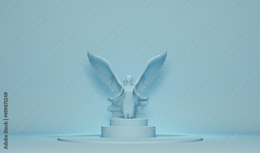 Minimal scene with podium and angel statue. Pastel blue and light ...