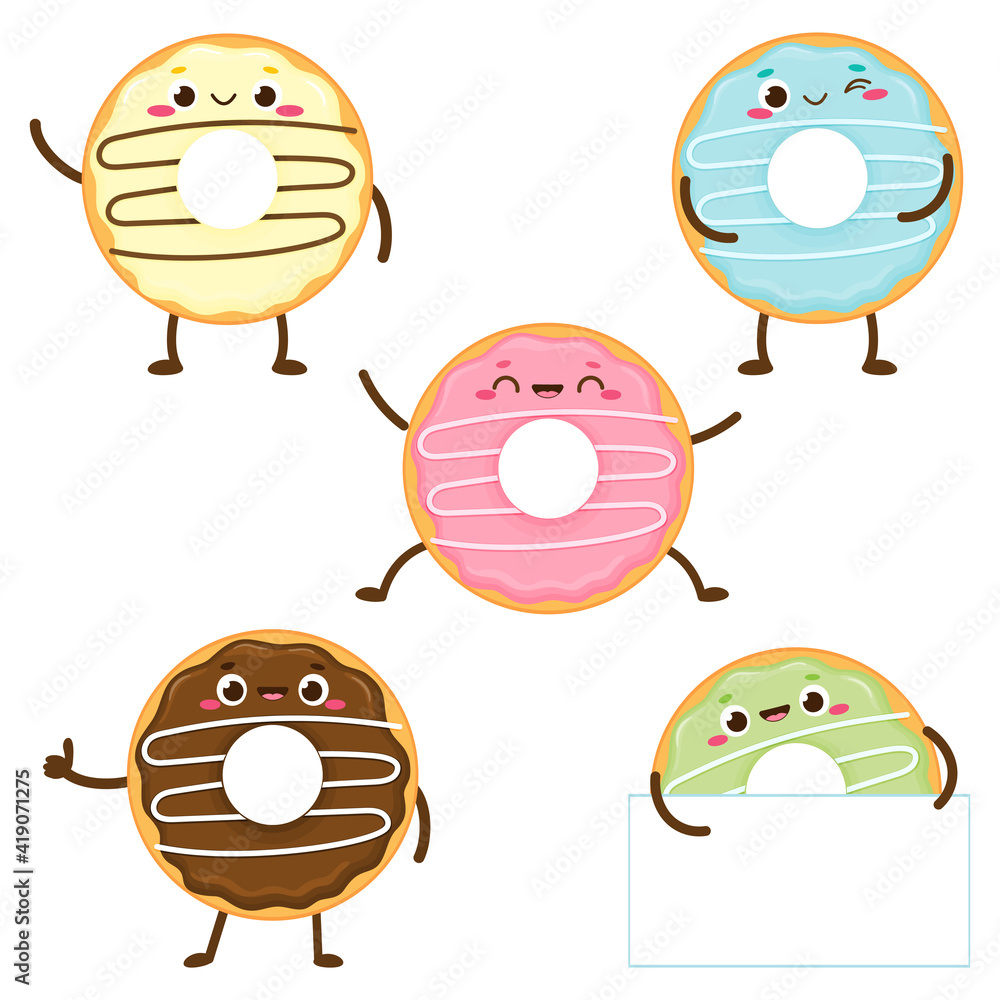 Cartoon cute colorful donut set with happy face Stock Vector | Adobe Stock
