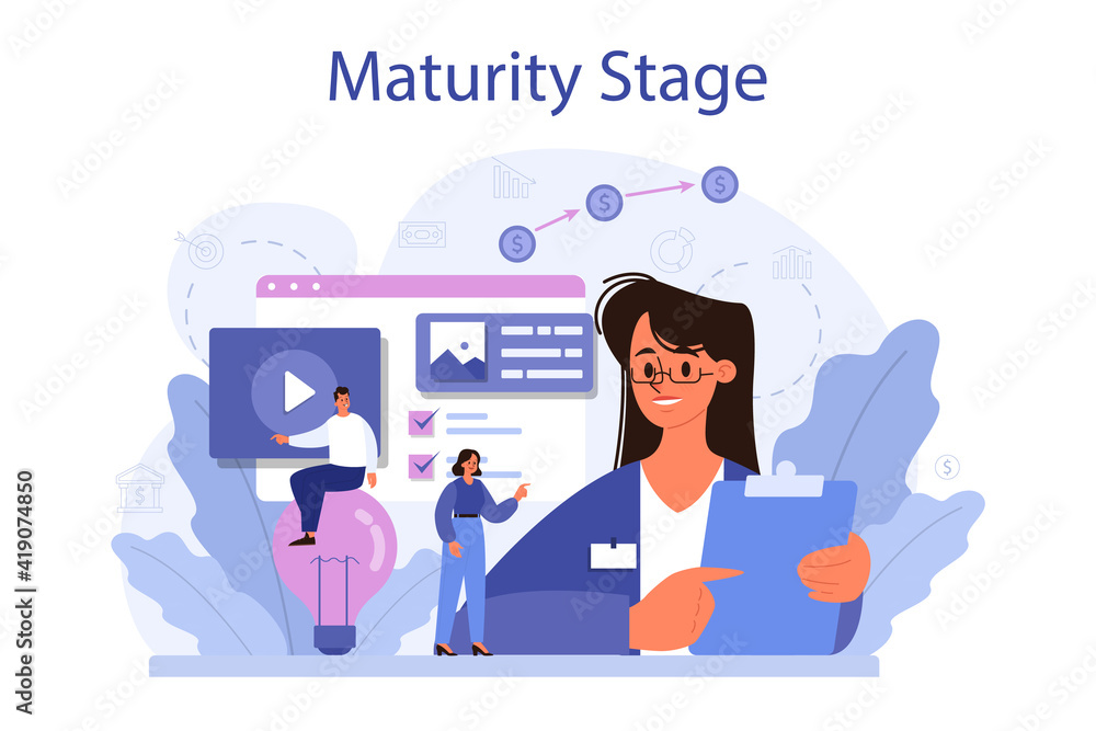 Maturity stage concept. Project life cycle period. Successful business ...