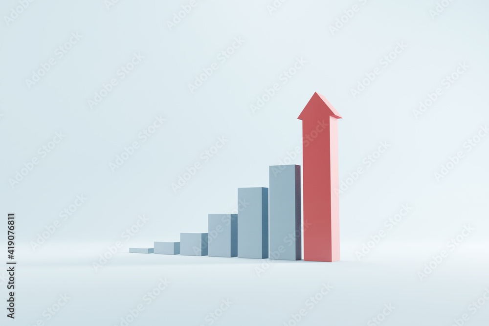 Growing bars graphic with rising arrow, 3d render, progress way and ...