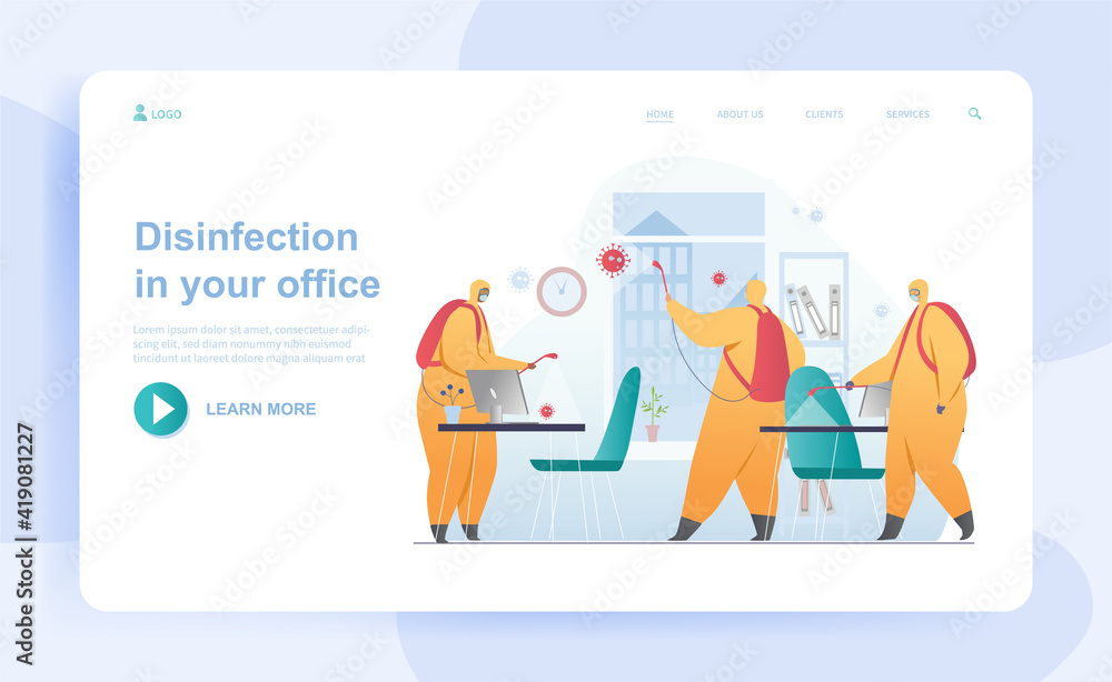 Group of people in special uniform disinfecting office together. People ...