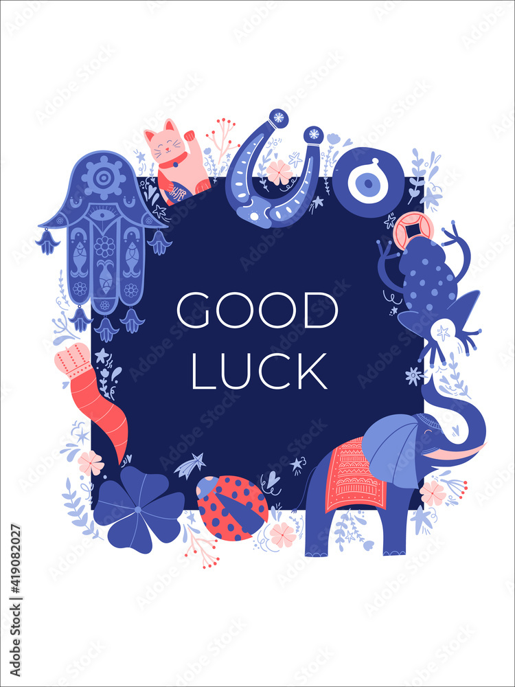 Lucky charms, symbols, amulets, talismans. Good luck symbols banner ...