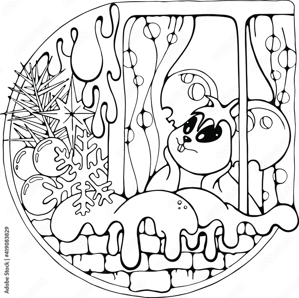 black and white cartoon mouse in the window, funny doodle vector ...