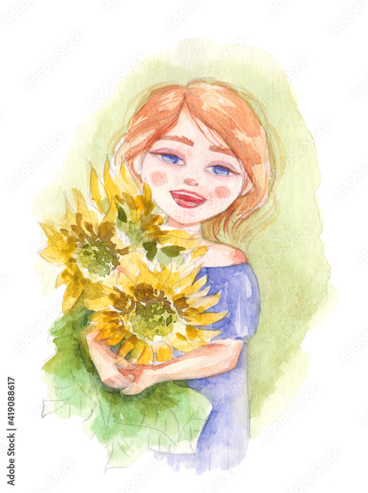 Watercolor girl with sunflowers. Fashion illustration drawing ...