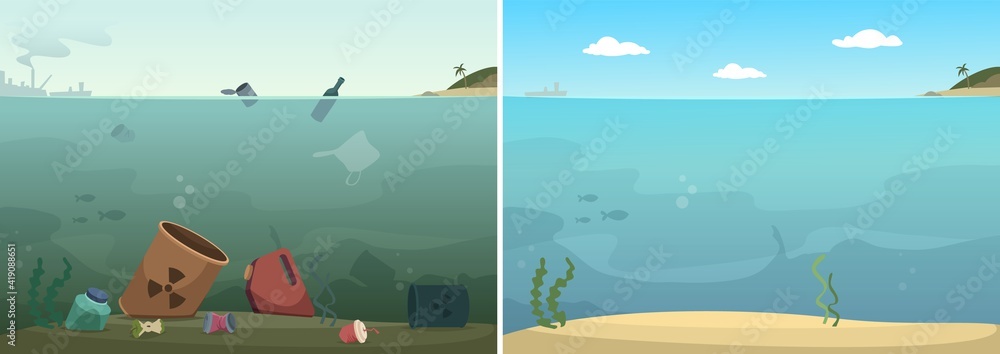 Clean and dirty water. Save ocean, waste in sea and cleaning underwater ...