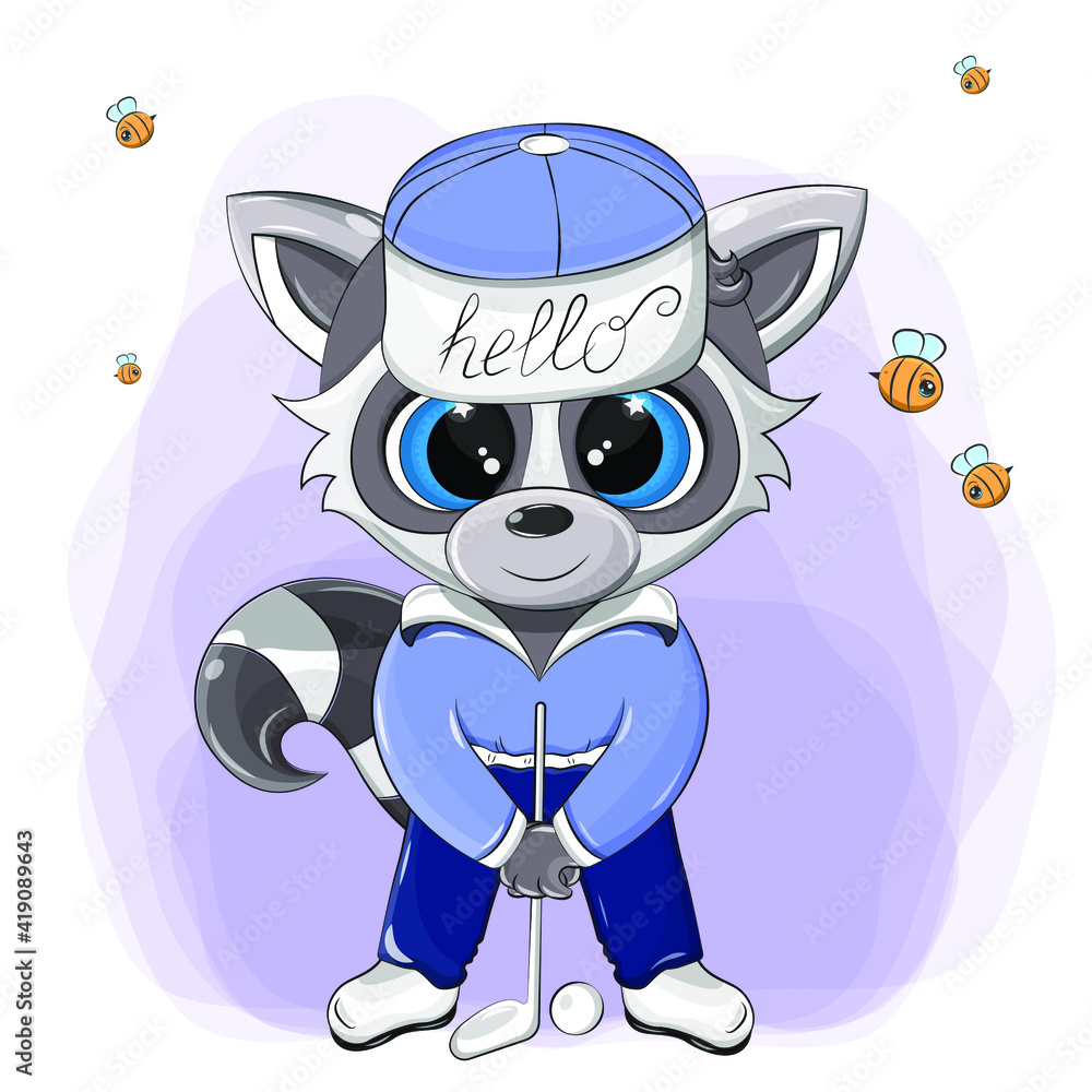 A funny raccoon who plays golf. Vector image of a raccoon who goes in ...