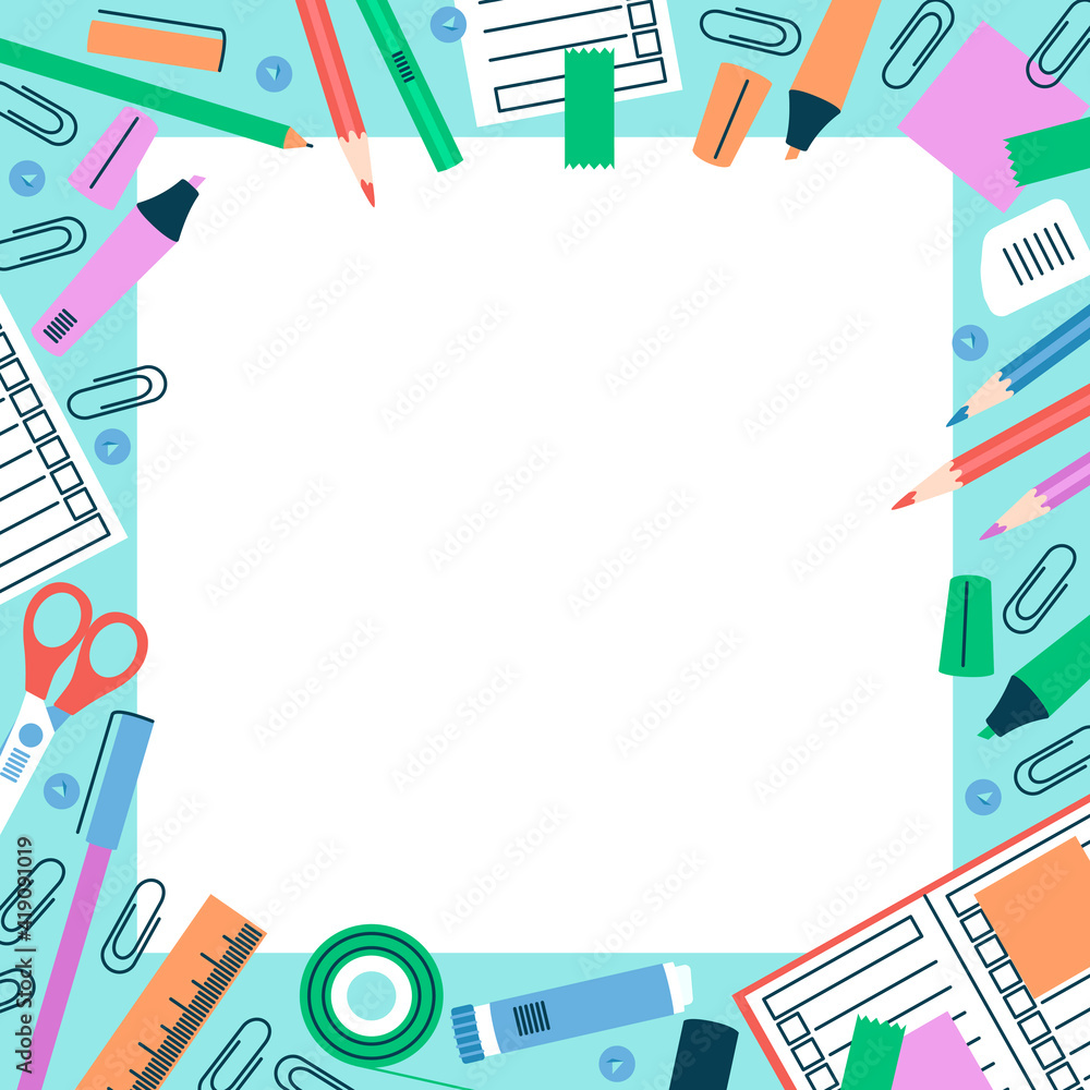 Stationery frame for school theme design. Stationery - pens, pencils ...