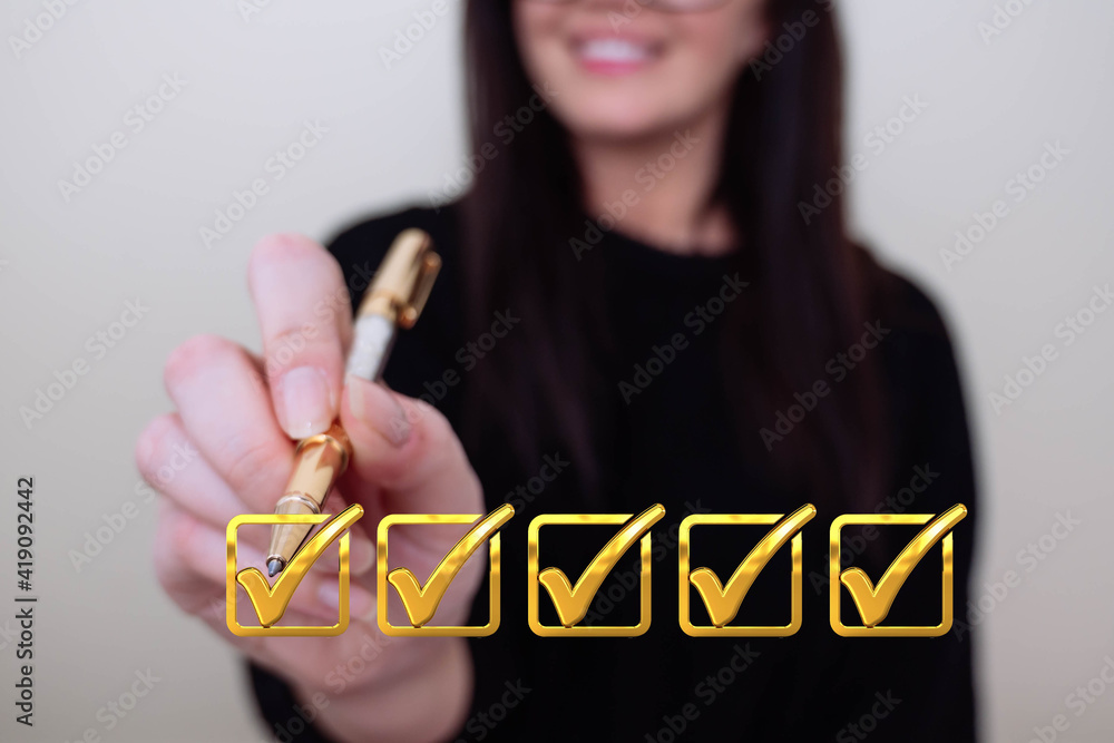 Checklist survey and assessment concept, human hand putting check mark ...