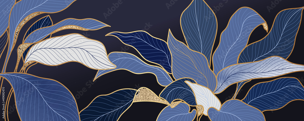 Luxury blue leaf background vector with golden metallic decorate wall ...
