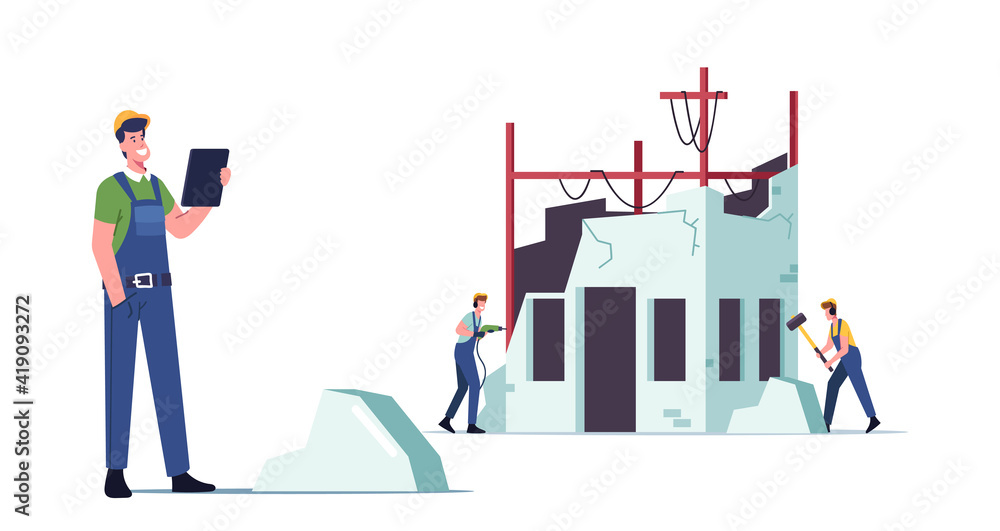 Foreman Control Building Demolition. Builders Characters in Uniform ...