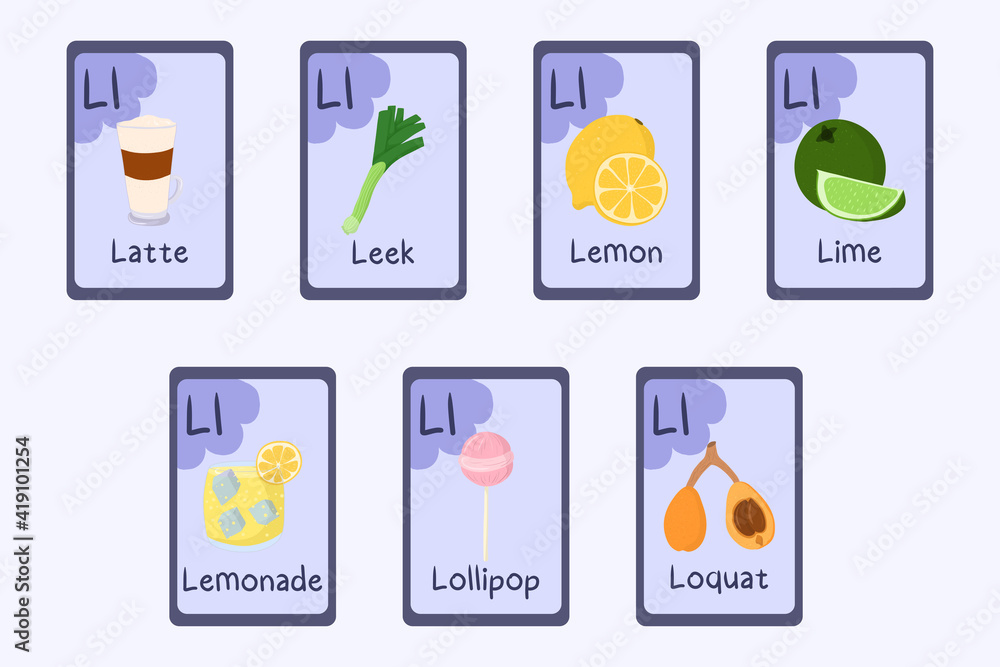 Vetor de Colorful alphabet flashcard Letter L - latte, loquat, leek ...